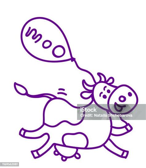 벡터 일러스트 레이션 라인 스타일 실행 또는 공기 풍선으로 점박이 암소를 비행 손으로 그린 고립 된 보라색 색상 Moo글자 패키지 포스터 라벨 디자인 전단지 배너 등
