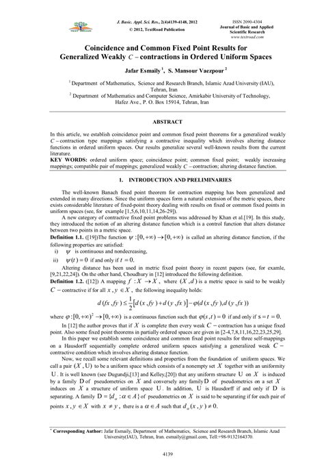 Pdf Coincidence And Common Fixed Point Results For Generalized Weakly C Contractions In