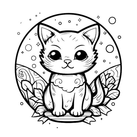 나뭇잎과 꽃을 배경으로 한 만화 고양이 색칠하기놀이 프리미엄 벡터