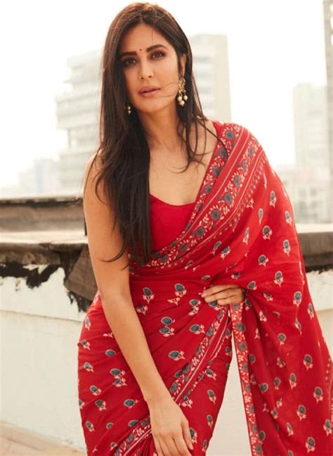 Lady In Red Katrina Kaif Dazzles All In A Block Printed Saree
