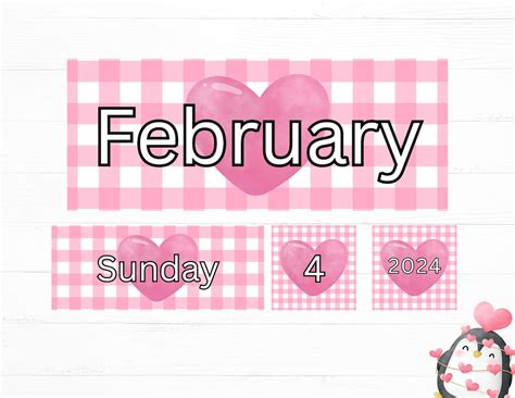 February Classroom Calendar Header Days And Numbers Pink Plaid