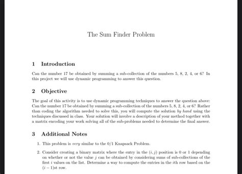 Solved The Sum Finder Problem Introduction Can The Number Chegg Com