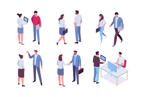사무실 생활 아이소메트릭 비즈니스 사람들이 벡터 설정 평면 벡터 문자 흰색 배경에 고립 프리미엄 벡터