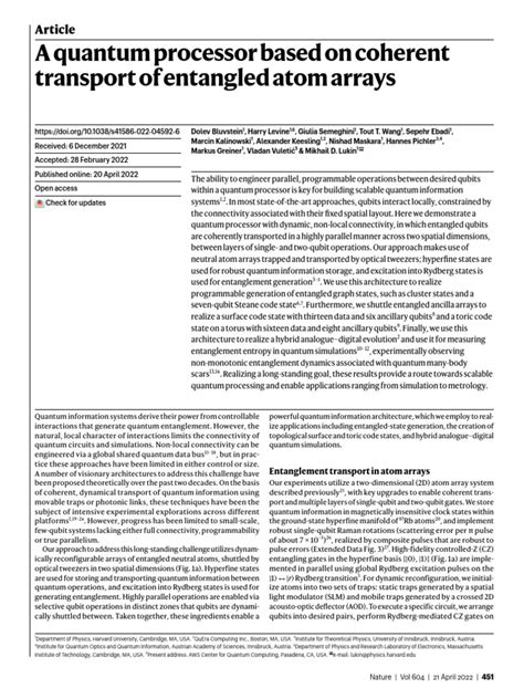 a quantum processor based on coherent transport of entangled atom arrays pdf quantum