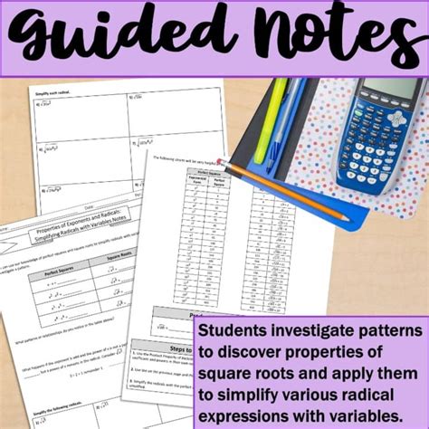 Simplifying Radicals Square Roots With Variables Guided Notes And Worksheet