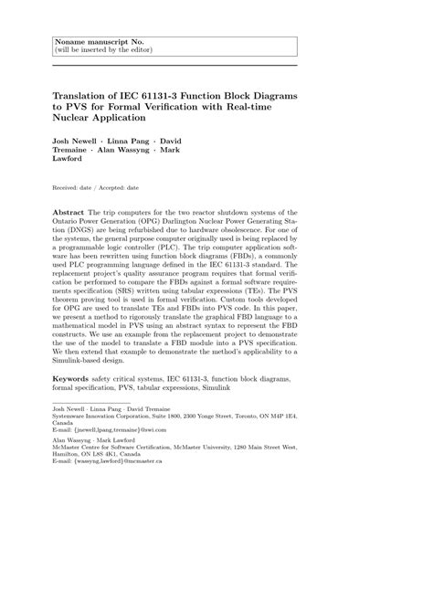 Pdf Translation Of Iec 61131 3 Function Block Diagrams To Pvs For Formal Verification With