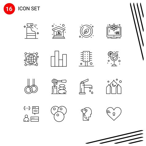 Pictogram Set Of 16 Simple Outlines Of Globe Space Circle Science Atom Editable Vector Design