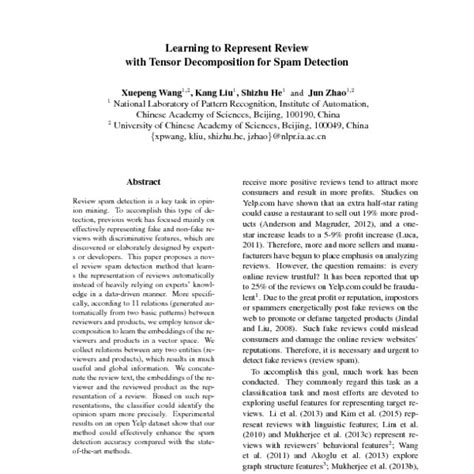 Learning To Represent Review With Tensor Decomposition For Spam Detection Acl Anthology