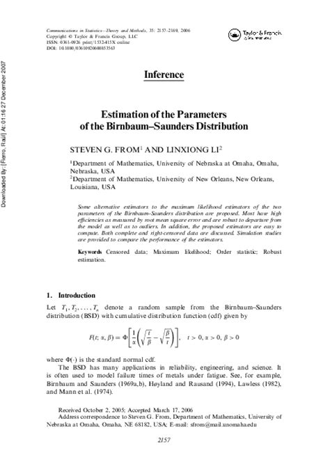 Pdf Estimation Of The Parameters Of The Birnbaum Saunders Distribution