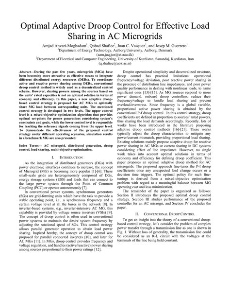 Pdf Optimal Adaptive Droop Control For Effective Load Sharing In Ac Microgrids