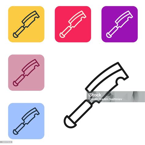 흰색 배경에 격리 된 검은 줄 고기 헬기 아이콘 정육점 칼 고기 부엌 칼 정육점 칼 색상 정사각형 단추로 아이콘을 설정합니다 벡터 가정 생활에 대한 스톡 벡터 아트 및 기타