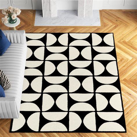 Hand Tufted Black And White Geometric Modern Area Rug Minimalist