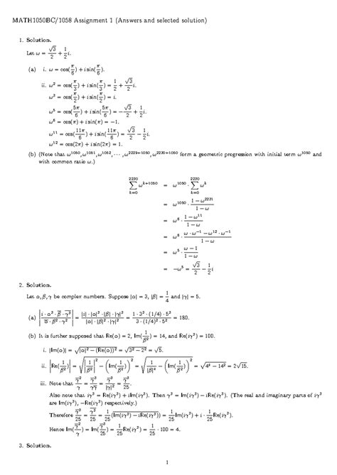Assignment 1 Solutions For Complex Numbers 1050bchas Studocu