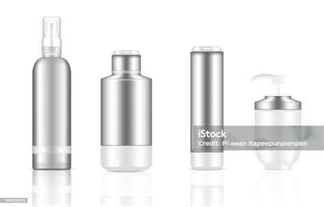 현실적인 화이트와 금속 화장품 펌프 비누 샴푸 스프레이 럭셔리 병 설정 배경 그림을 모의 0명에 대한 스톡 벡터 아트 및 기타