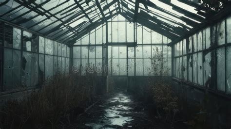 Abandoned Greenhouse Interior With Broken Glass And Overgrown Plants