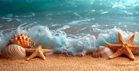 AI Generated Sea Ocean Landscape Many Different Shells Starfish And Ocean Inhabitants AI