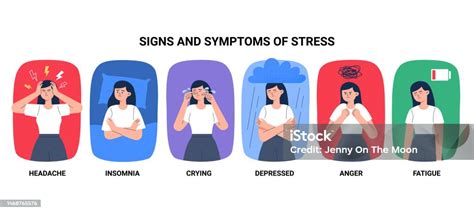 스트레스의 징후와 증상이있는 여성 긴장 피로 통증 및 장기간의 신체적 또는 정신적 노동을 통한 건강 문제 배경에 격리된 플랫 스타일의 벡터 삽화 증상에 대한 스톡 벡터 아트