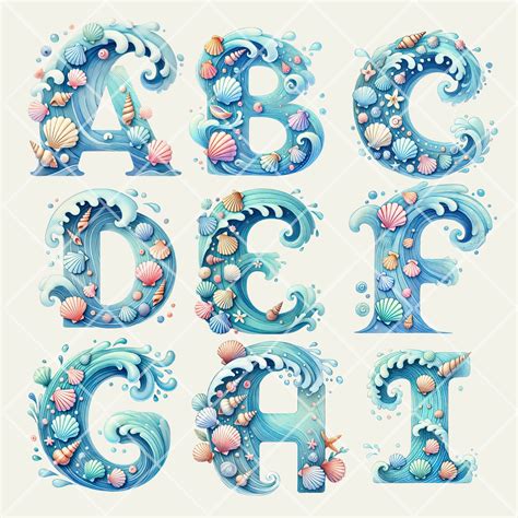 Wave Of Ocean Alphabet Clipart Watercolor Letters Coastal Abc