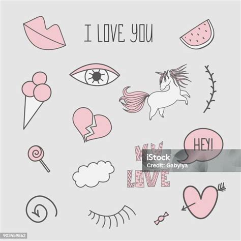 유니콘 발렌타인 요소와 패치 배지입니다 벡터 그림을 흰색 배경에 고립입니다 스티커 핀 만화 8090 년대 스타일에서의 집합 개체