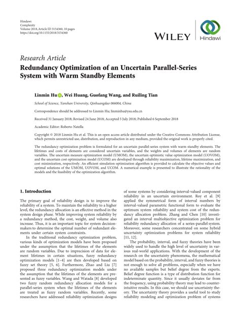 Pdf Redundancy Optimization Of An Uncertain Parallel Series System With Warm Standby Elements