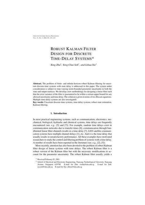 Pdf Robust Kalman Filter Design For Discrete Time Delay Systems
