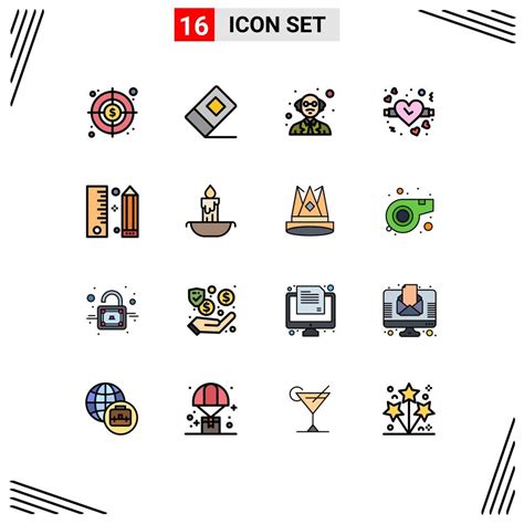16 Universal Flat Color Filled Lines Set For Web And Mobile Applications Candle Pencil Science