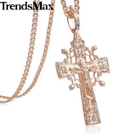 Trendsmax 십자가 크로스 펜던트 여성 남성 목걸이 체인 585 로즈 골드 채워진 뱀 링크 Kgp1711necklace