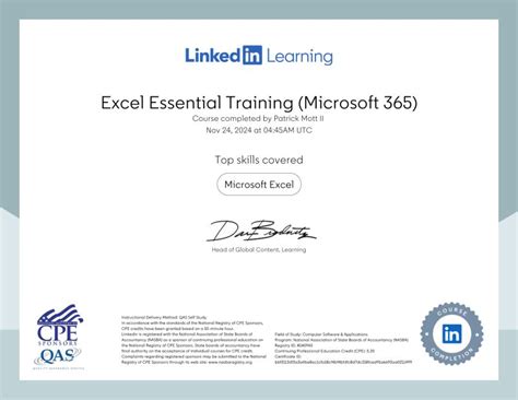 Just Finished The Course “excel Essential Training Microsoft 365 ” Patrick Mott Ii