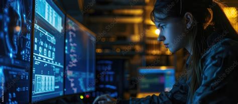 At Night A Female Hacker In A Basement Uses A Computer To Carry Out Cyber Attacks Involving