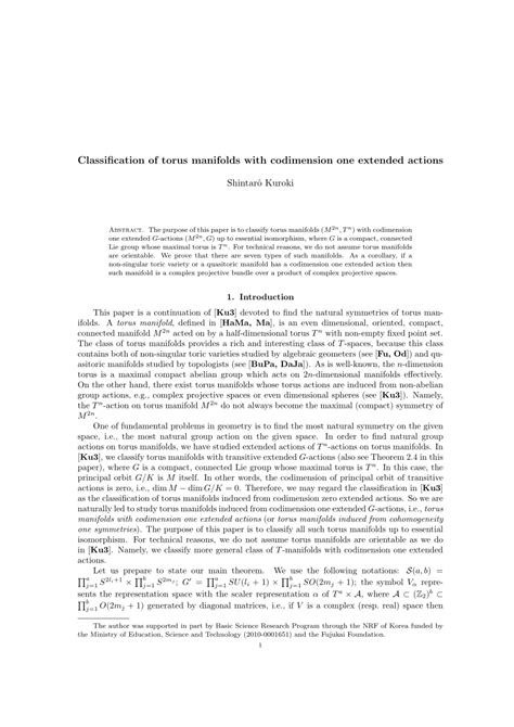 Pdf Classification Of Torus Manifolds With Codimension One Extended Actions