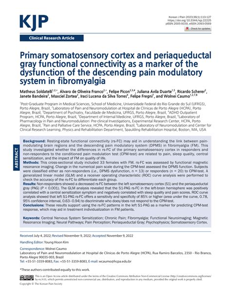 Pdf Primary Somatosensory Cortex And Periaqueductal Gray Functional Connectivity As A Marker