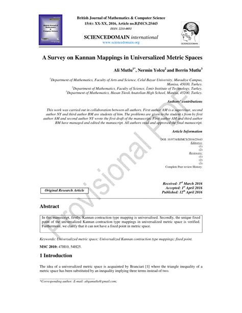 Pdf A Survey On Kannan Mappings In Universalized Metric Spaces