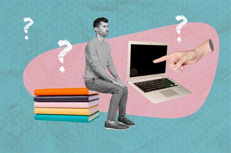 Creative Picture Collage Sitting Man Question Mark Puzzled Man Laptop