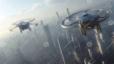 Automated Drones Controlled By Ai Are Monitoring A City Skyline While