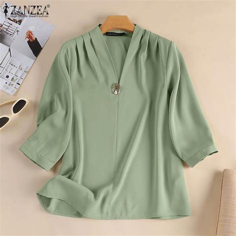 Купити Zanzea Жінки Літній V подібний виріз Шестичверть рукава Однотонна повсякденна блузка Joom