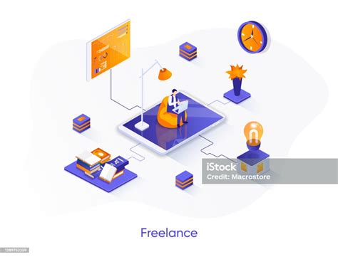 프리랜서 등가 성 웹 배너 아웃소싱 개발 Isometry 개념 전문 자영업 직업 3d 씬 원격 인력 플랫 디자인 등측투영법에 대한 스톡 벡터 아트 및 기타 이미지 Istock