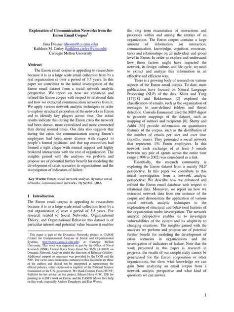 Exploration Of Communication Networks From The Enron Email Corpus Pdf Social Network Enron