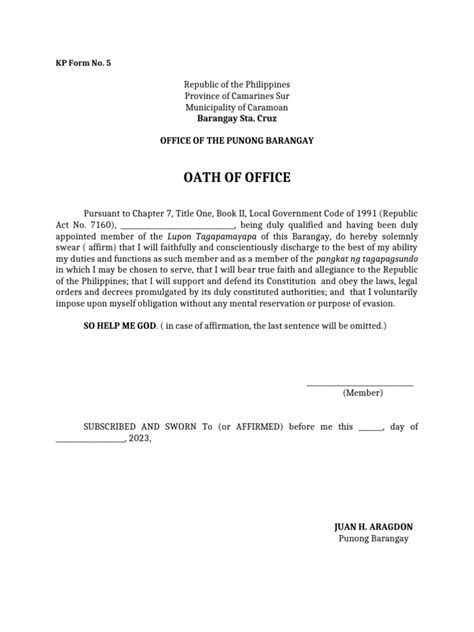 Kp Form No 5 Lupon Oath Of Office Pdf