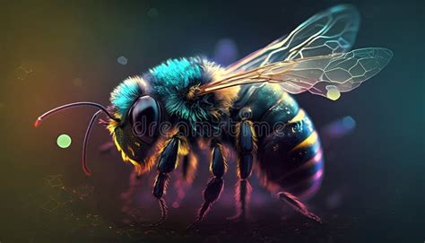 3d Render Of A Bee On A Black Background With Colorful Lights Stock
