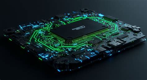 A Close Up Of A Computer Circuit Board Featuring A Central Microchip With Illuminated Stock