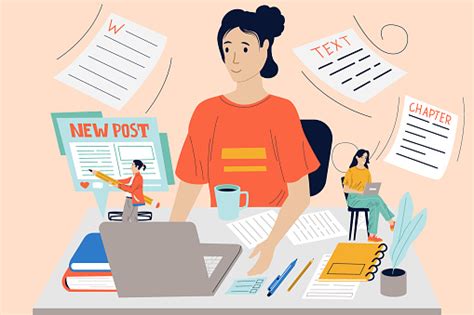 카피라이터 컴퓨터에서 일하는 여자 편집자 작업 프리랜서 직업 여성 캐릭터 편집 웹 게시물 및 텍스트 출판물 기자 직장 콘텐츠 제작자 벡터 개념 편집자에 대한 스톡 벡터 아트