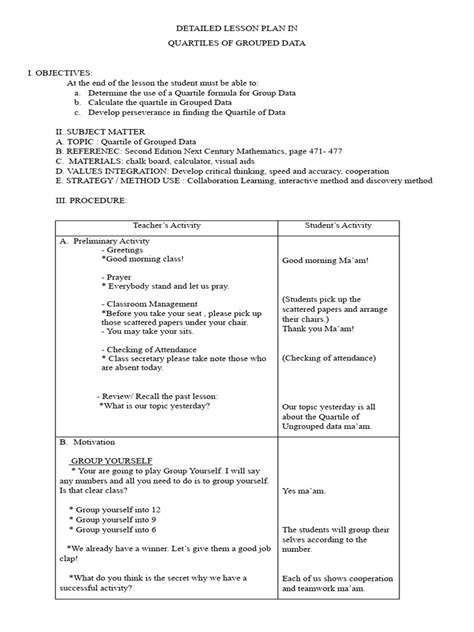 Lesson Plan On Quartiles Of Grouped Data Download Free Pdf Quartile Lesson Plan