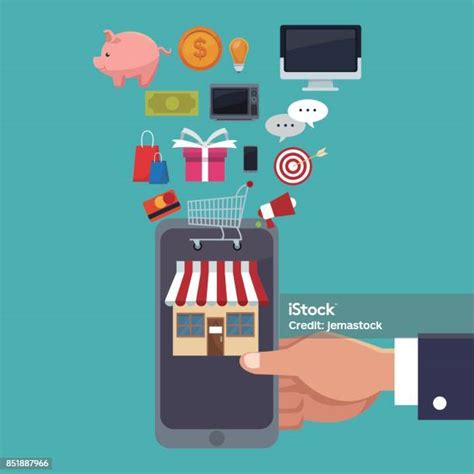 떠 있는 항목과 온라인 구매에 대 한 스마트폰 들고 집행 소매의 컬러 배경 장면 가방에 대한 스톡 벡터 아트 및 기타 이미지 가방 개체 그룹 공중 Istock