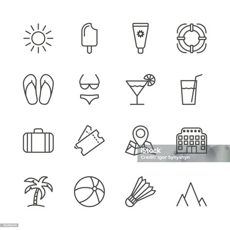 여름은 아이콘 벡터를 설정합니다 절연 선 레크리에이션 모음 기호입니다 최신 유행 플랫 개요 Ui 표시 디자인 여행 웹 사이트