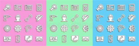 Set Line Laptop And Gear Algorithm Pencil House Plan Worker Safety Helmet Electric Drill