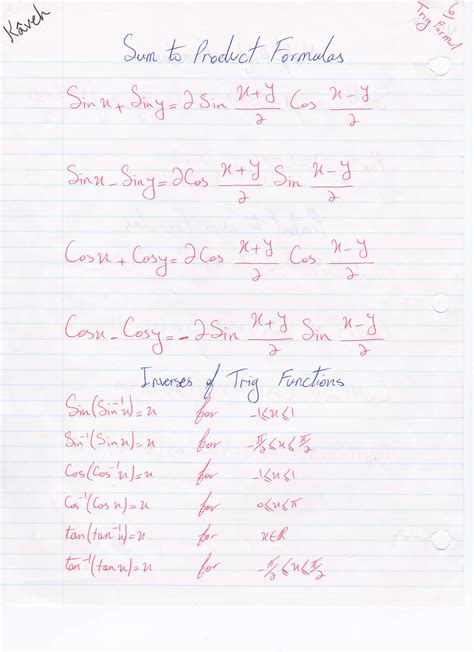 Trig Formulas Math201 Pdf