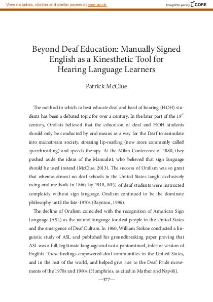 Pdf Beyond Deaf Education Manually Signed English As A Kinesthetic Tool For Hearing Language