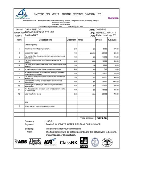 Lifeboat Repairing Quotation Pdf