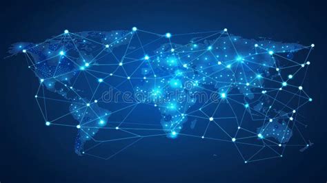 Global Network Connections World Map With Nodes And Lines Depicting