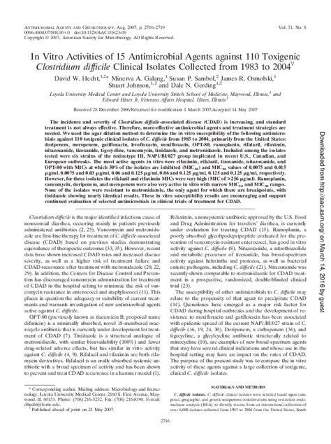 Pdf In Vitro Activities Of 15 Antimicrobial Agents Against 110 Toxigenic Clostridium Difficile